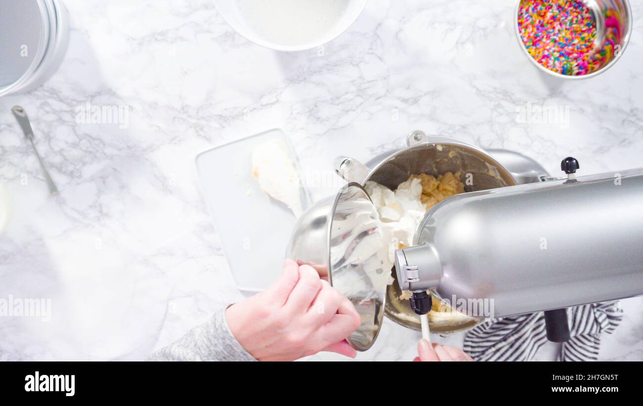 Flat lay. Step by step. Mixing ingredients in standing kitchen mixer to ...