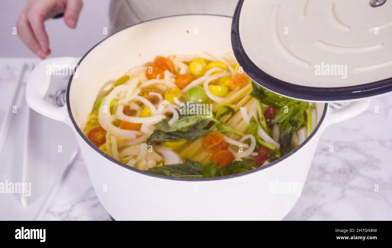 Step by step. Cooking on pot pasta recipe in an enameled cast iron ...