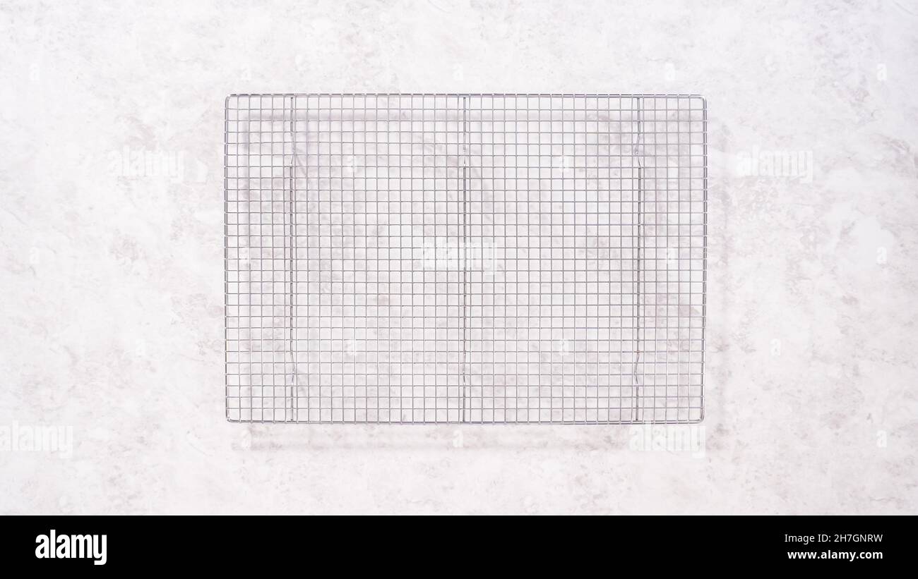 Flat lay. Step by step. Empty kitchen drying wire rack on the counter ...