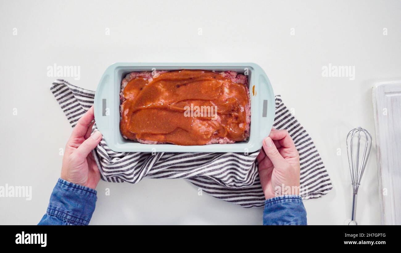 Flat lay. Step by step. Preparing a classic beef meatloaf recipe Stock ...
