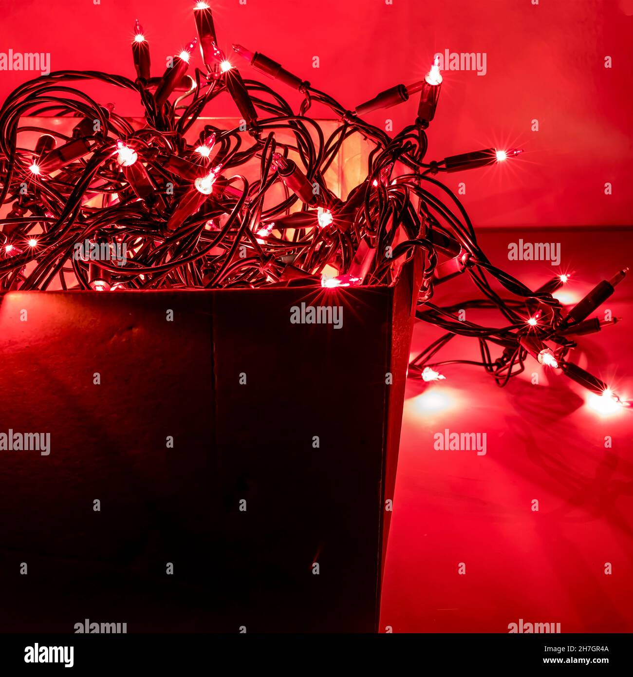 Fairy lights in cardboard box. Isolated. Red background. Stock Image ...