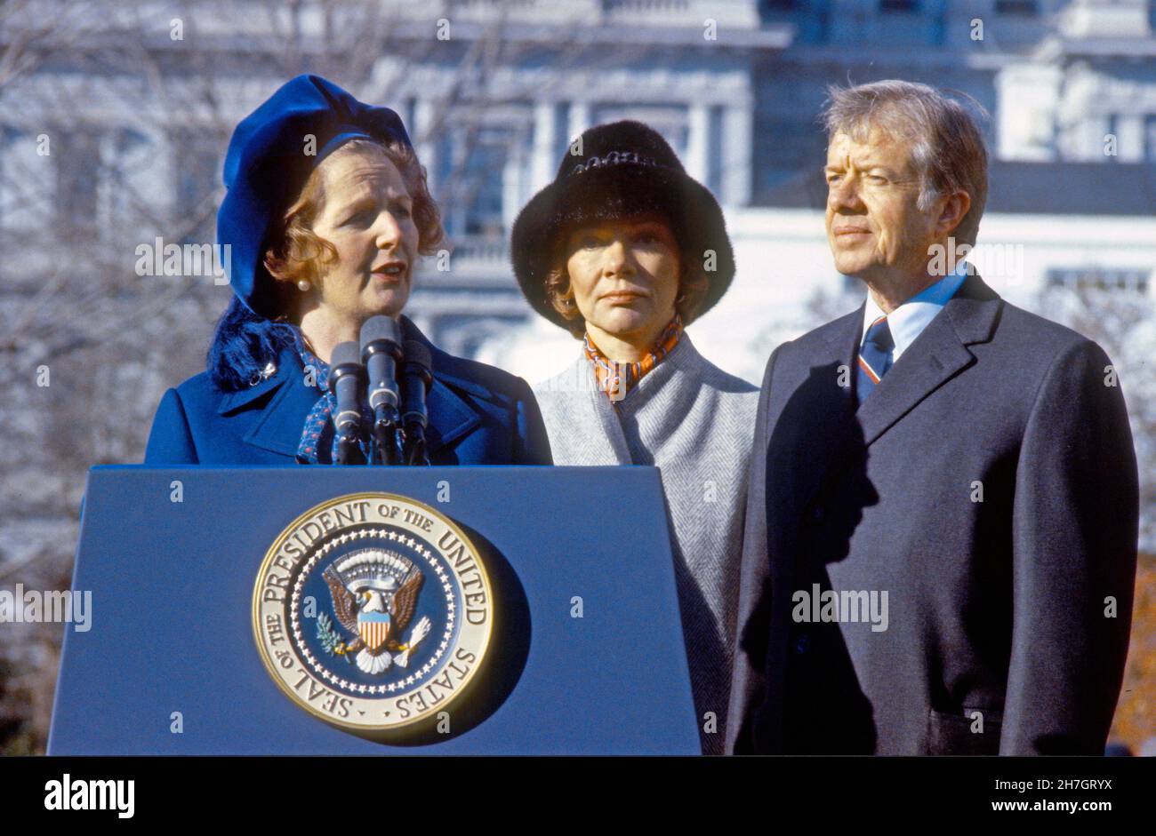 Prime Minister Margaret Thatcher of the United Kingdom, left, speaks at ...