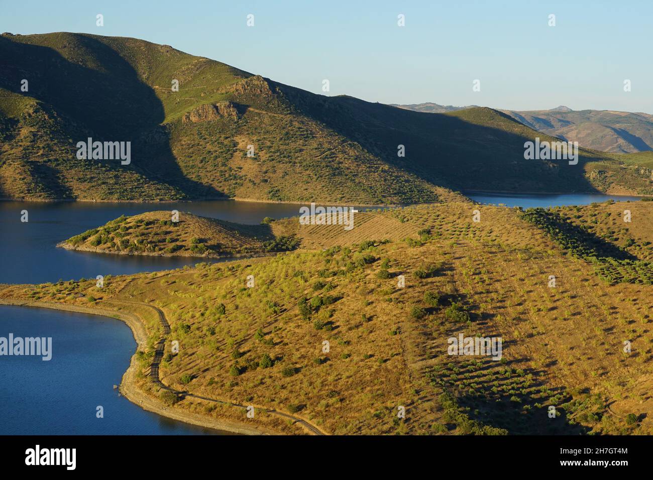 Nice summer landscape with hill slope over Sabor river in Douro Valley ...