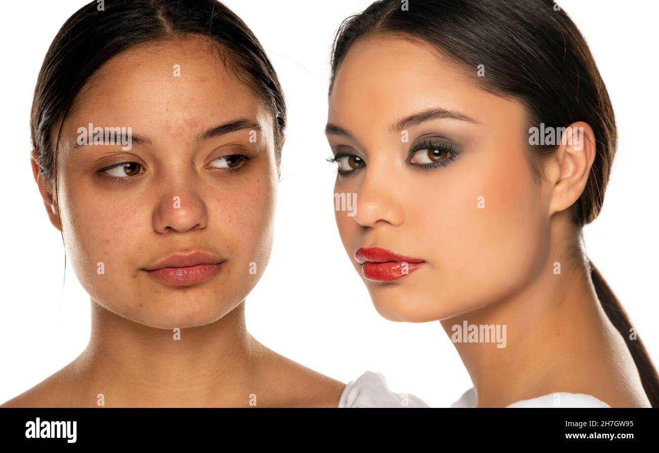 Comparison portrait of a woman without and with makeup on white ...