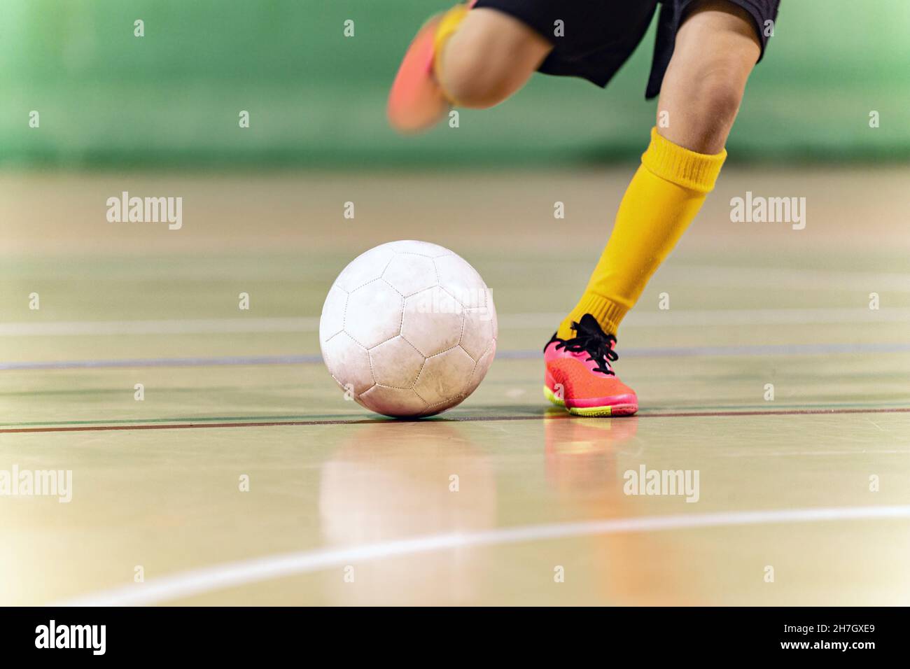 Close-up Image of Futsal Player Kicking Ball. Indoor Soccer Ball Kick ...