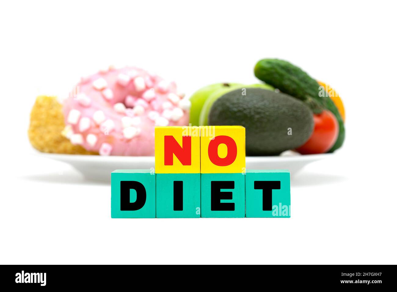 Text NO DIET made of letter blocks in front of a white plate with ...