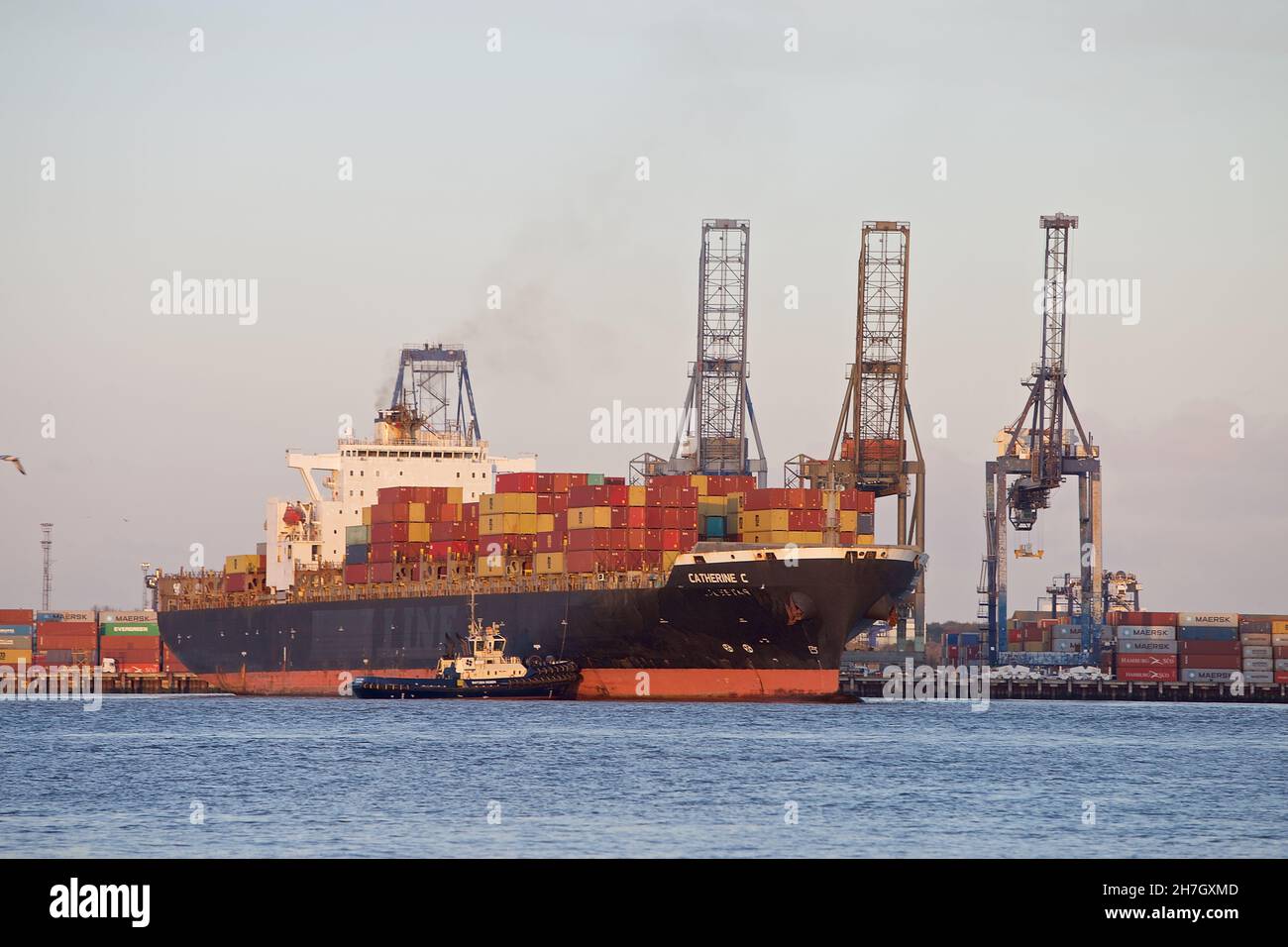 Container ship Catherine C docking at the Port of Felixstowe, Suffolk ...