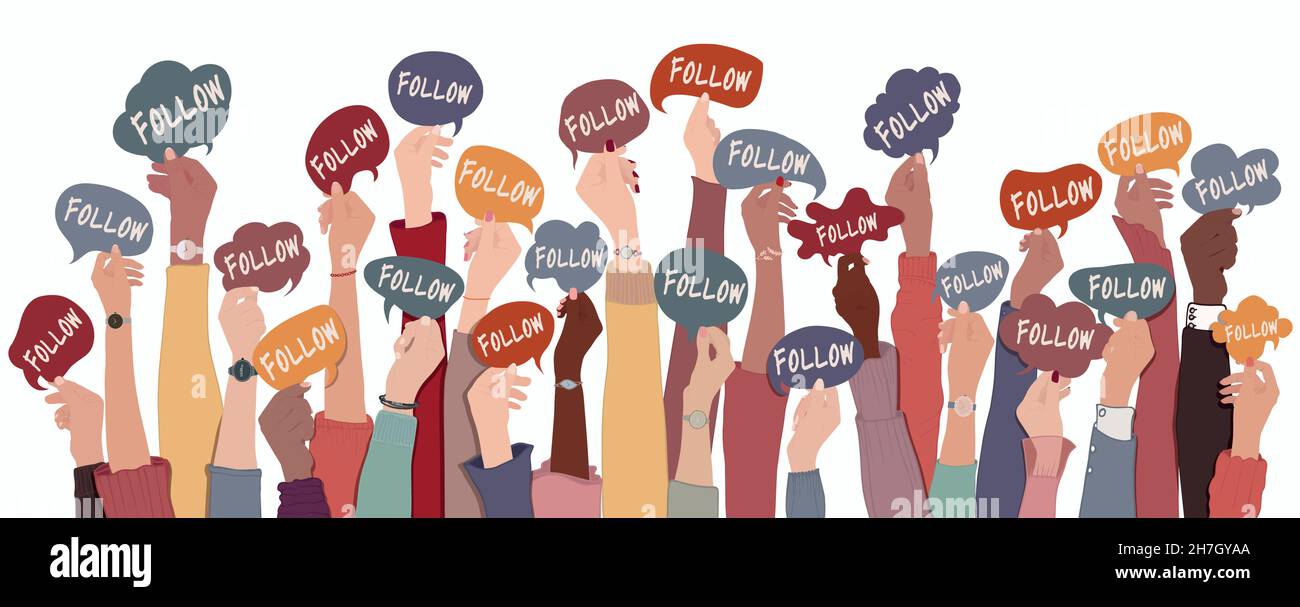 Many arms and hands up of group multicultural diverse people holding ...