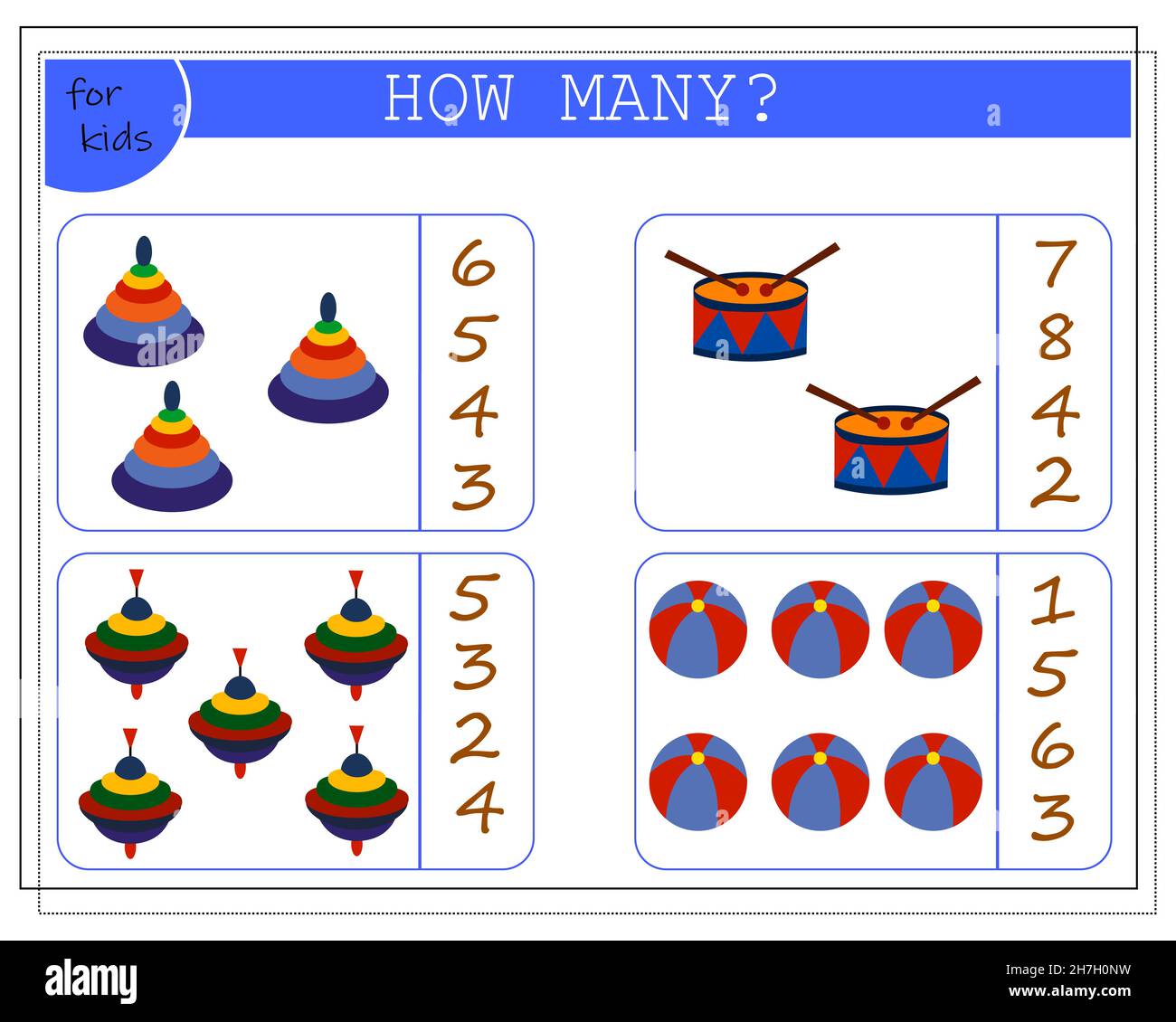 Children's math game, count how many of them. children's toy pyramid ...