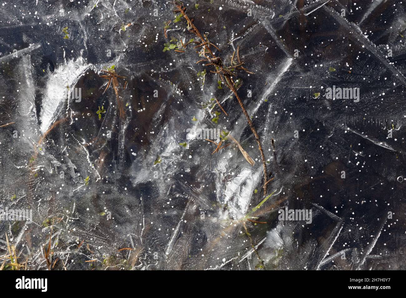 Ice pattern on the surface of the river after night frosts with ...