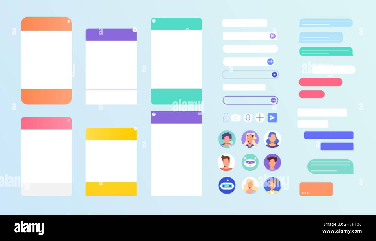 Chat bot dialogue windows set with empty text boxes. Talk interface with user avatar, consultant ...