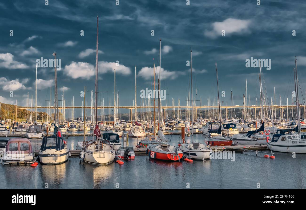 Vejle inner marina harbor with modern apartments and small boats ...