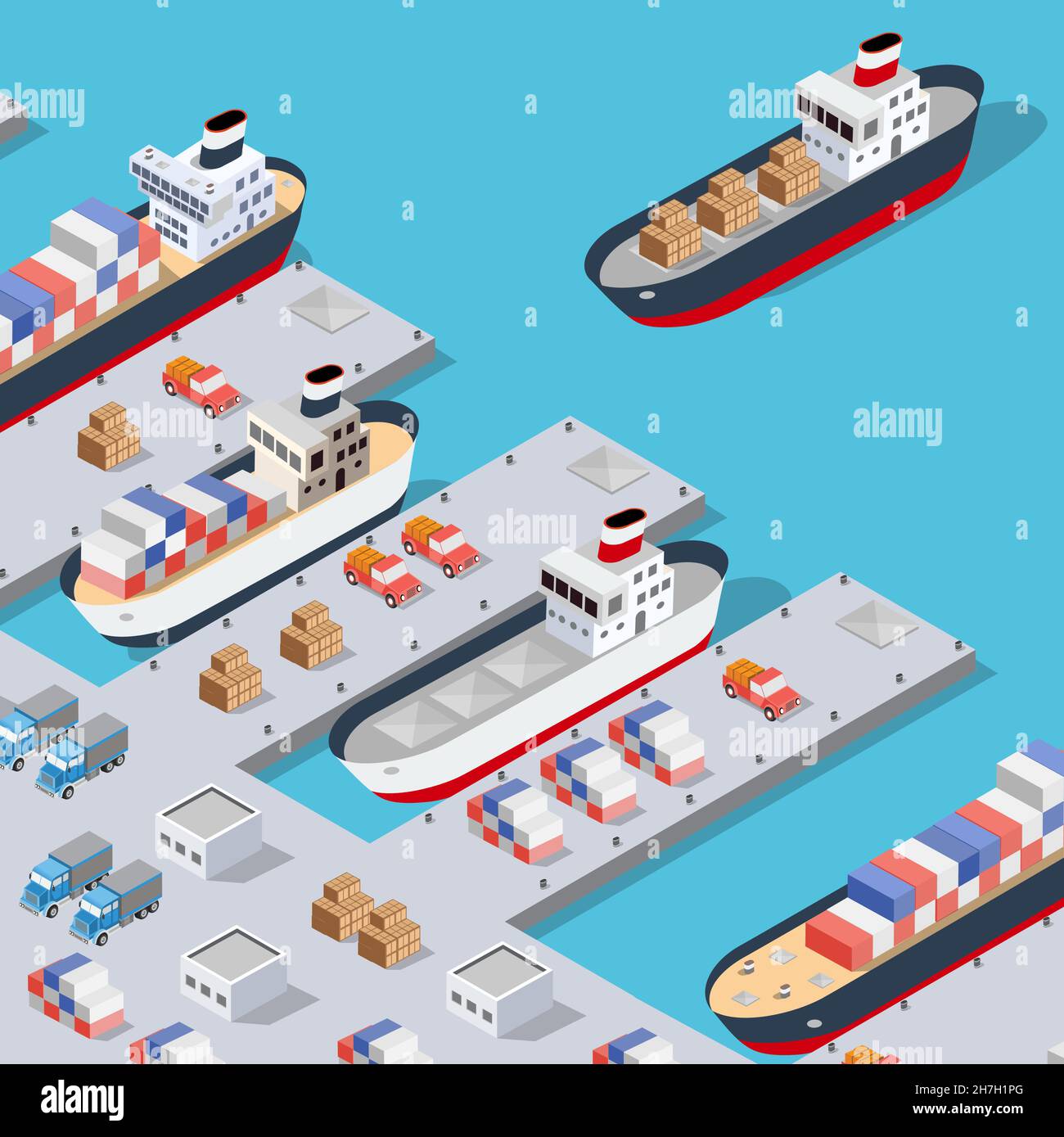 Isometric City industrial port with transport boat and naval ships ...