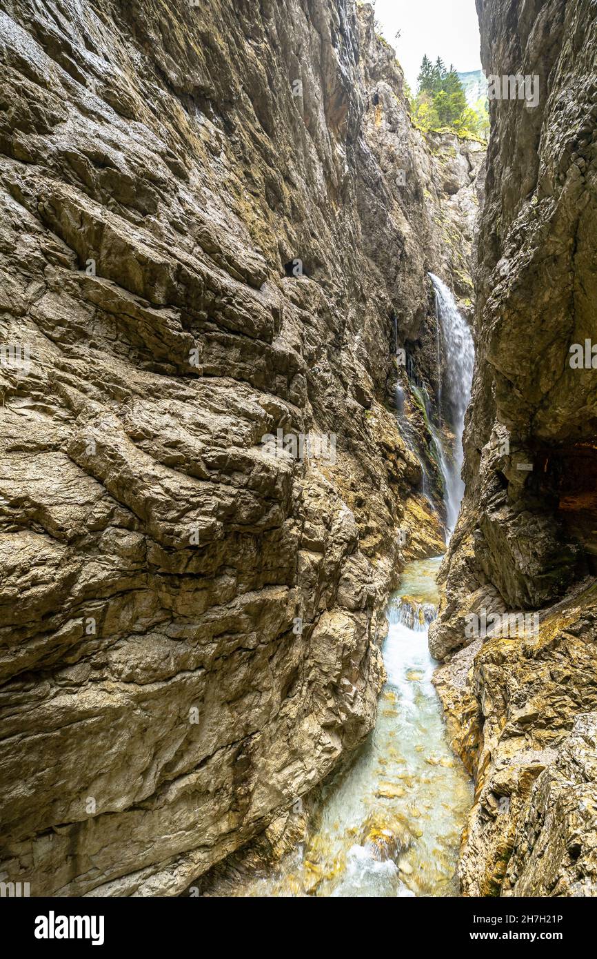 View through the rock faces and the Hammersbach in the Höllentalklamm ...