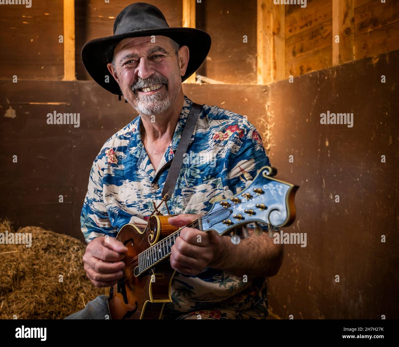 A man playing a mandolin in a stable Stock Photo - Alamy
