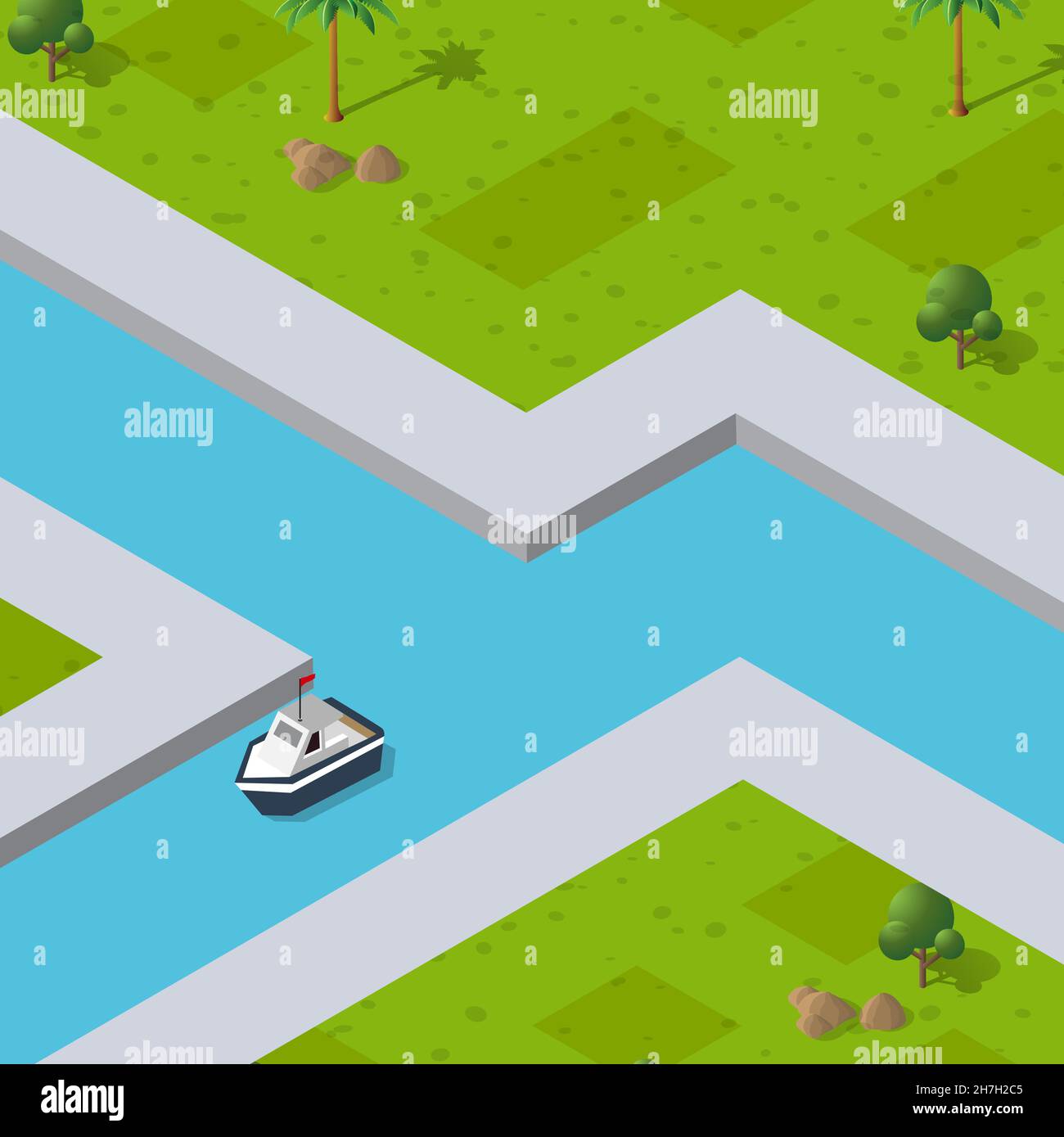Isometric City industrial port with transport boat and naval ships ...