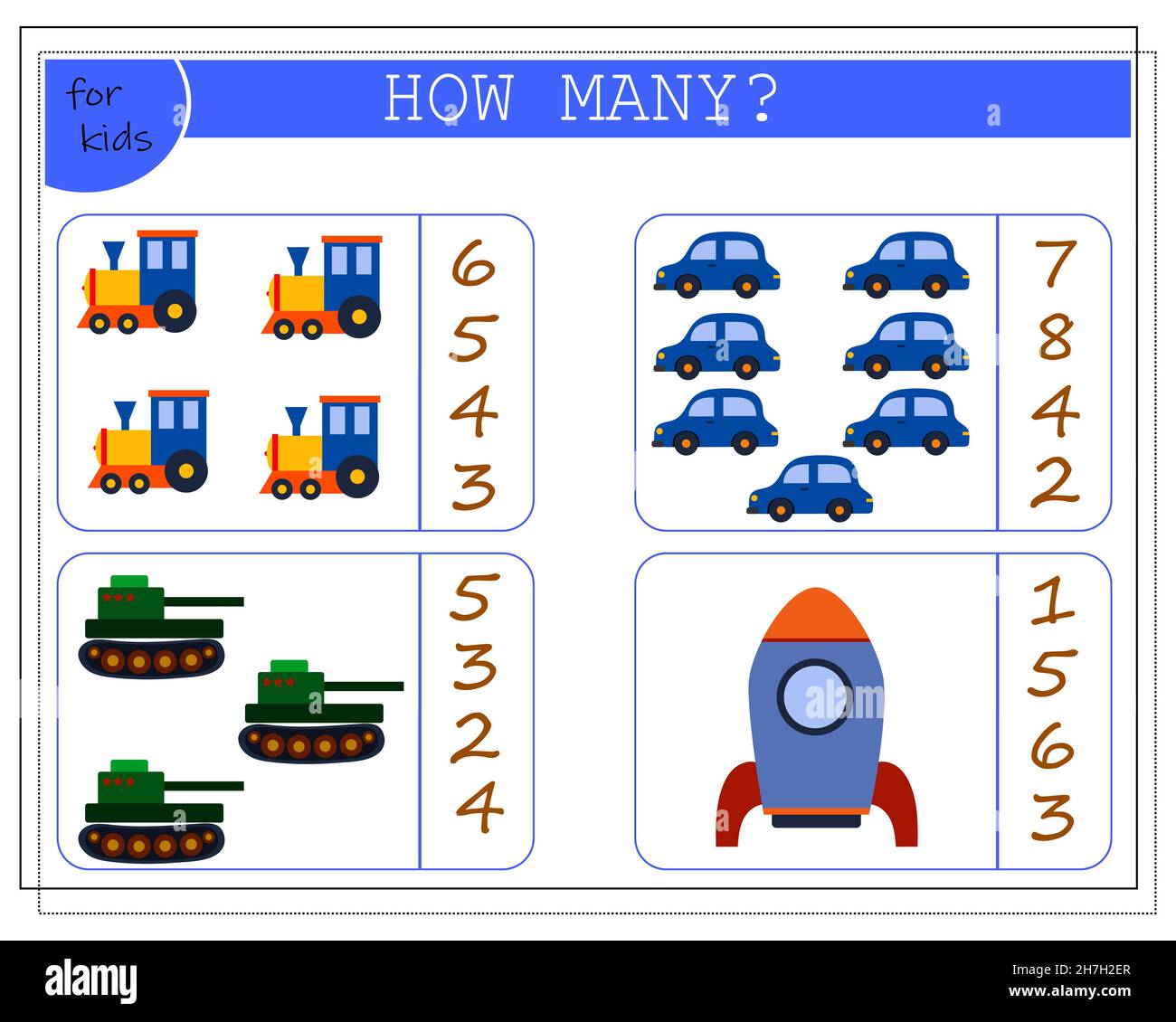 Children's math game, count how many of them. children's toy cars, tank ...