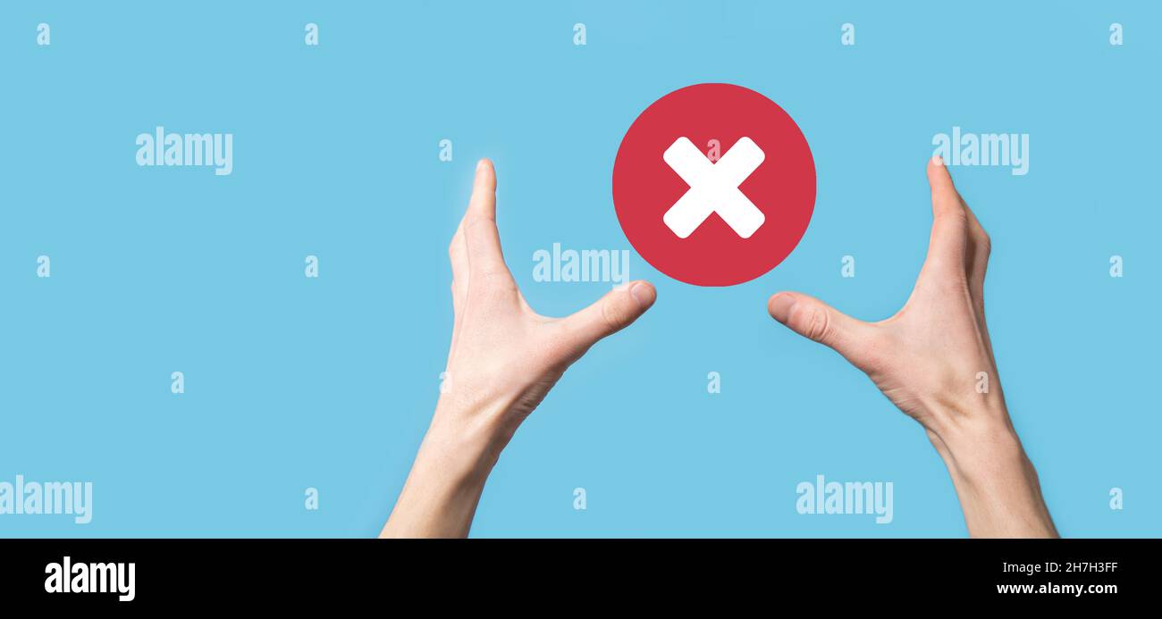 Hand holds icon,cancellation symbol,cancel icon.Cross mark flat red ...