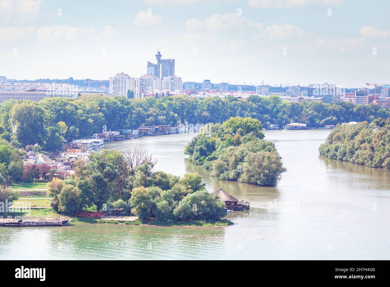 Belgrade and Danube river panorama . Sava river and port in Belgrade ...