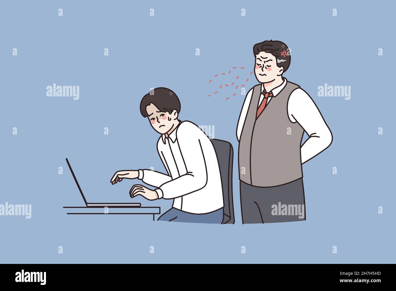 Controlling at work and fear concept. Angry boss standing and ...