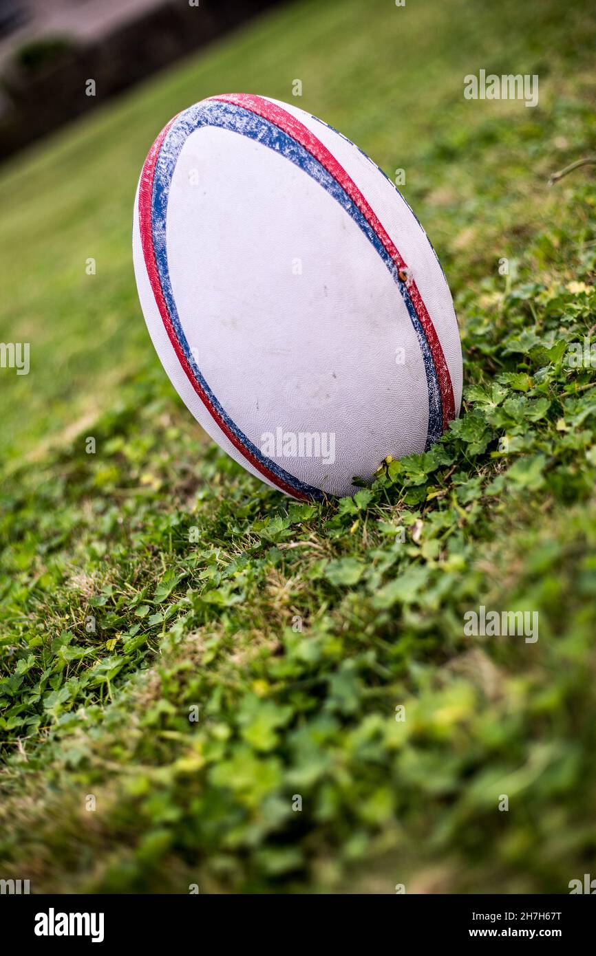 Rugby ball , Gilbert ,on sports field with green grass for the game of ...