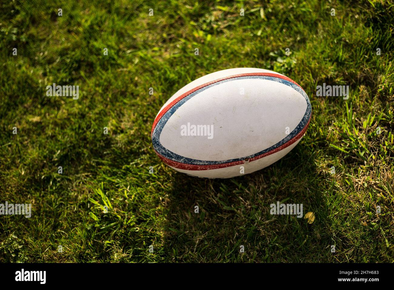 Rugby ball , Gilbert ,on sports field with green grass for the game of ...