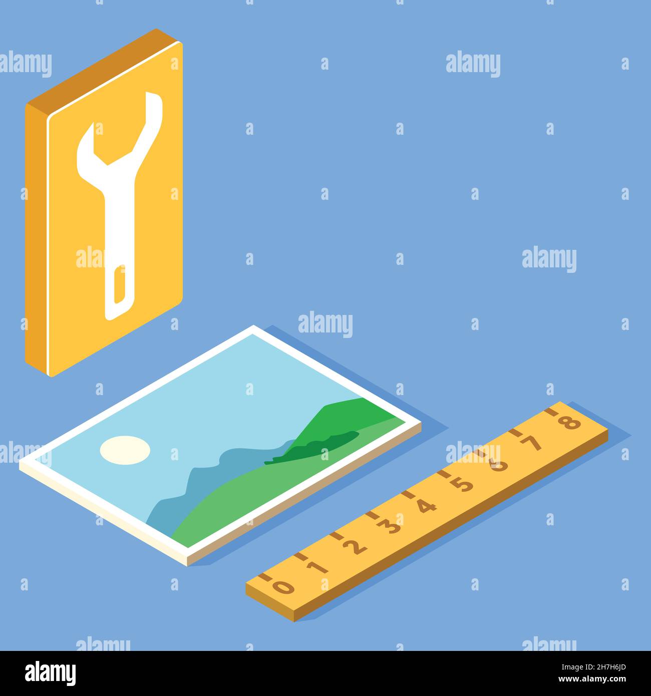 Graphic Illustration. Landscape Photo, Ruler, and Instrument Picture ...