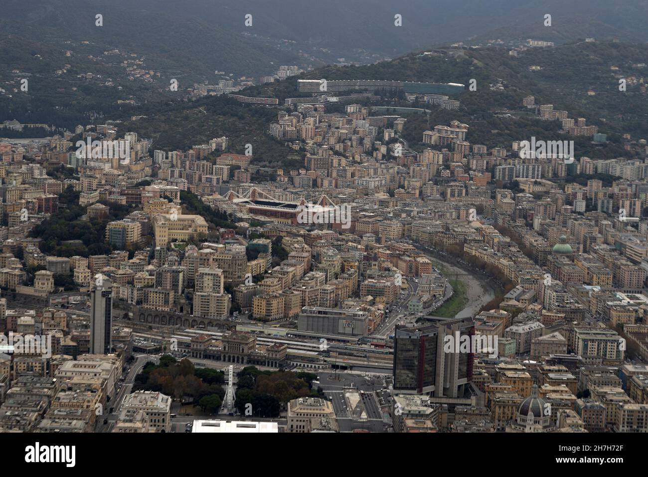 Genoa town Marassi soccer stadium aerial view panorama Stock Photo - Alamy
