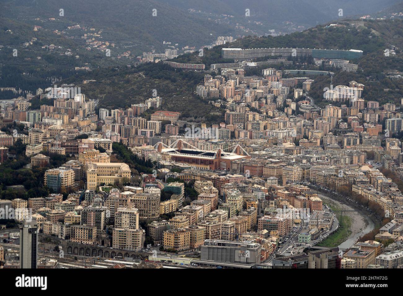 Genoa town Marassi soccer stadium aerial view panorama Stock Photo - Alamy