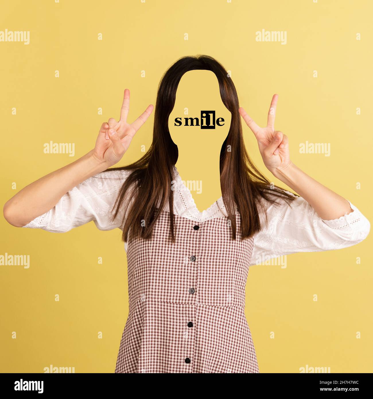 Contemporary artwork. Conceptual portrait of faceless woman with word ...