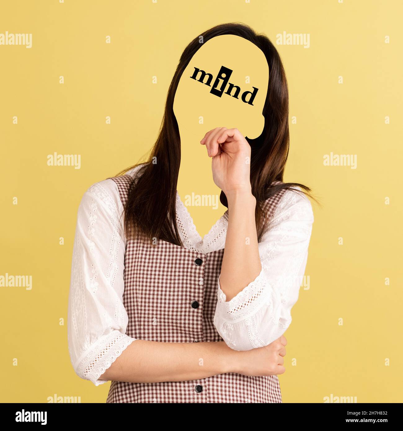 Contemporary artwork. Conceptual portrait of faceless woman with word ...