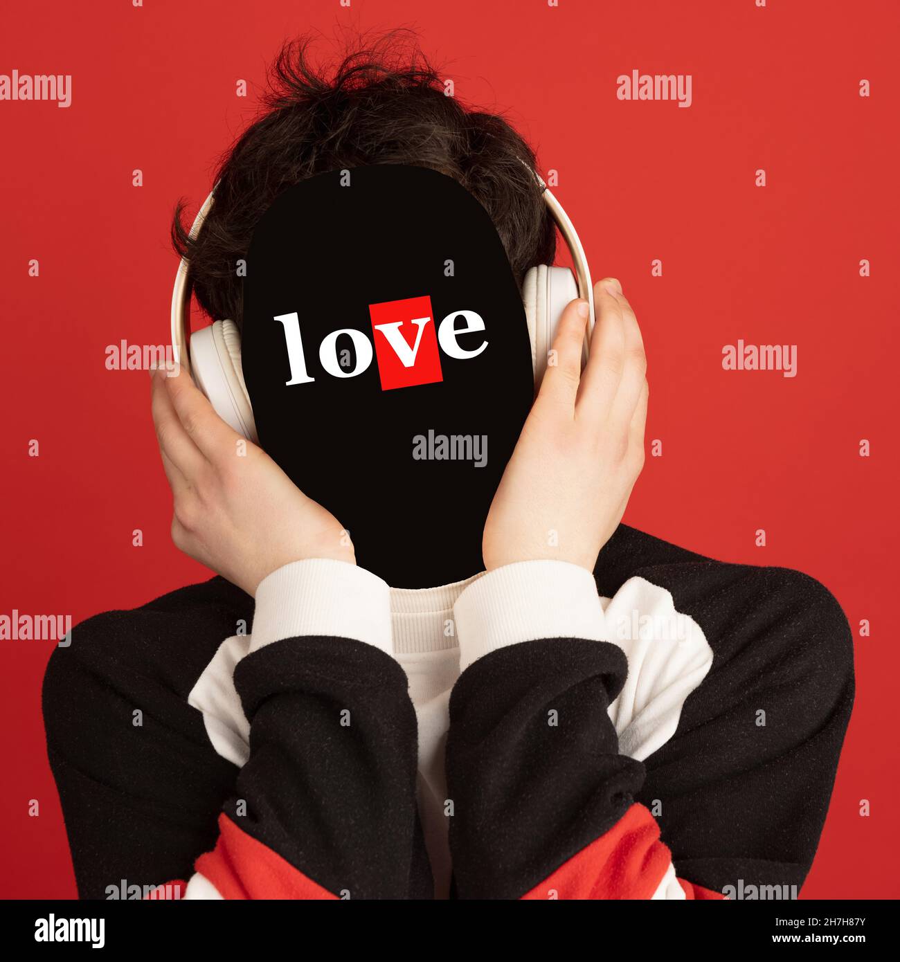 Conceptual Portrait Of Faceless Man With Word Love Instead Face Human
