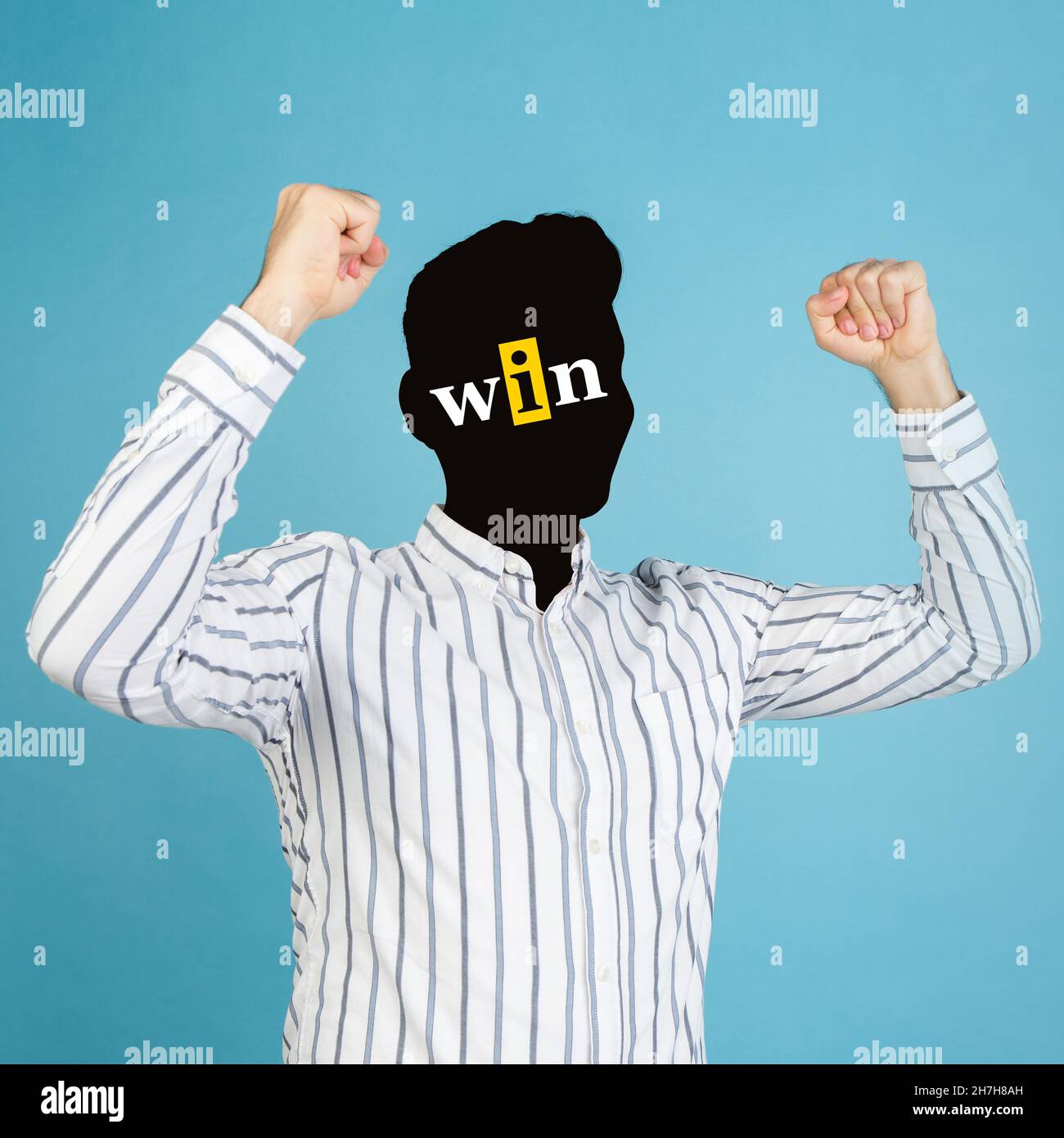Conceptual portrait of faceless man with word win instead face. Human ...