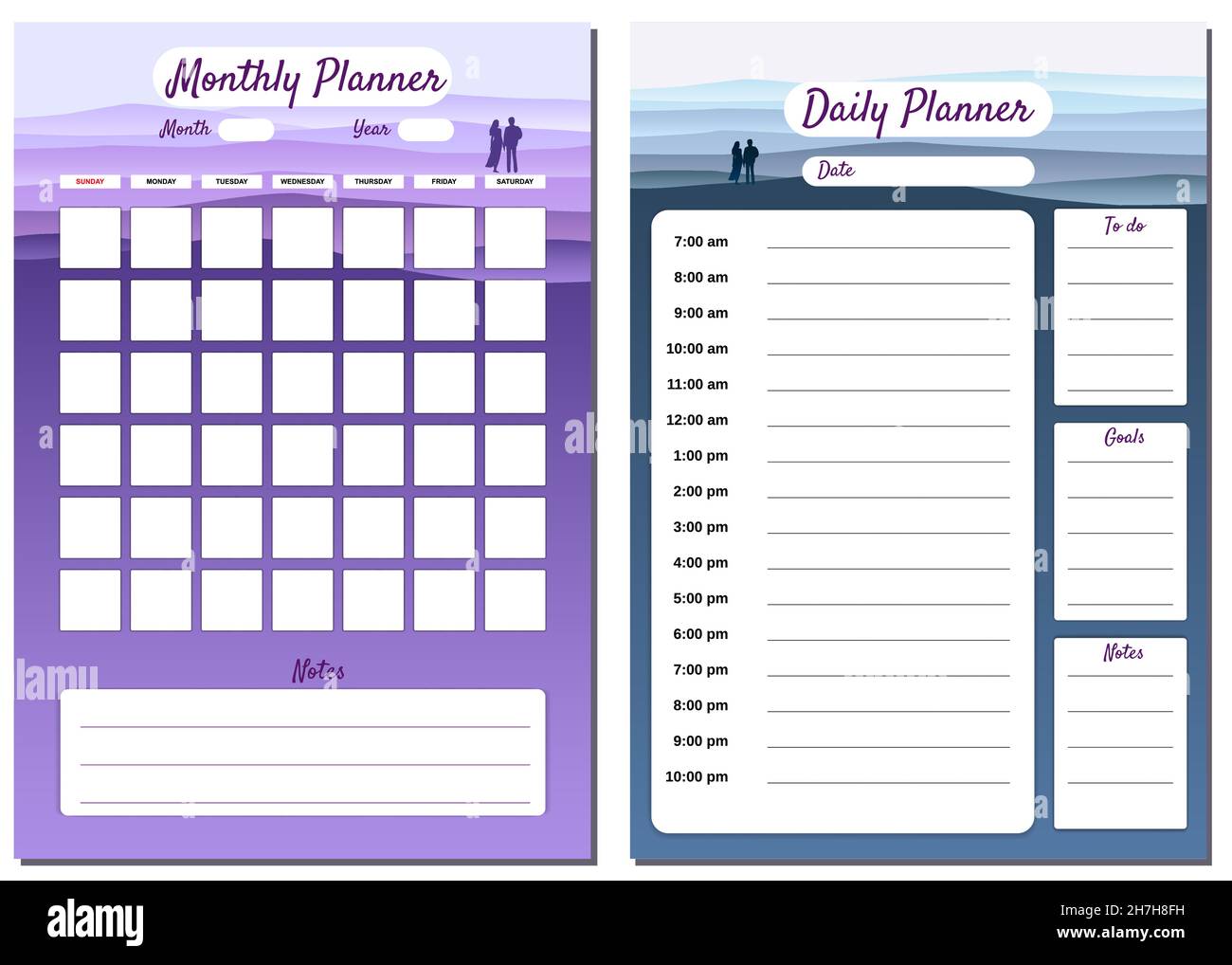 Monthly, Daily Planner template vector. Minimal landscape with couple ...
