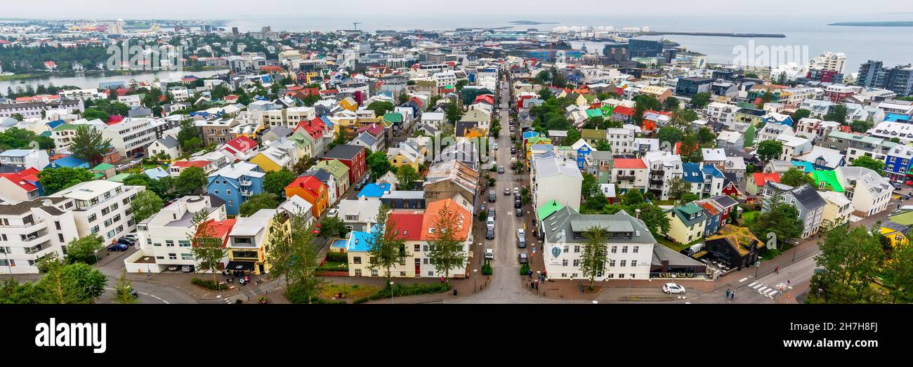 Aerial panoramic view of brightly colored houses in Reykjavik, Iceland ...