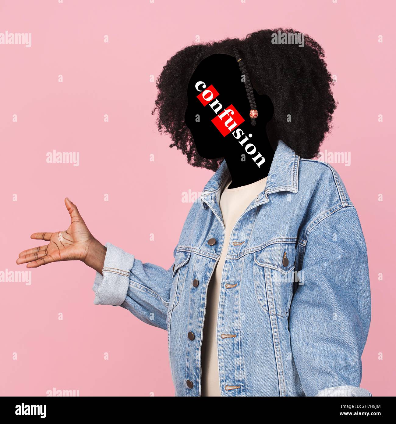 Creative portrait of faceless girl with word confusion instead face ...
