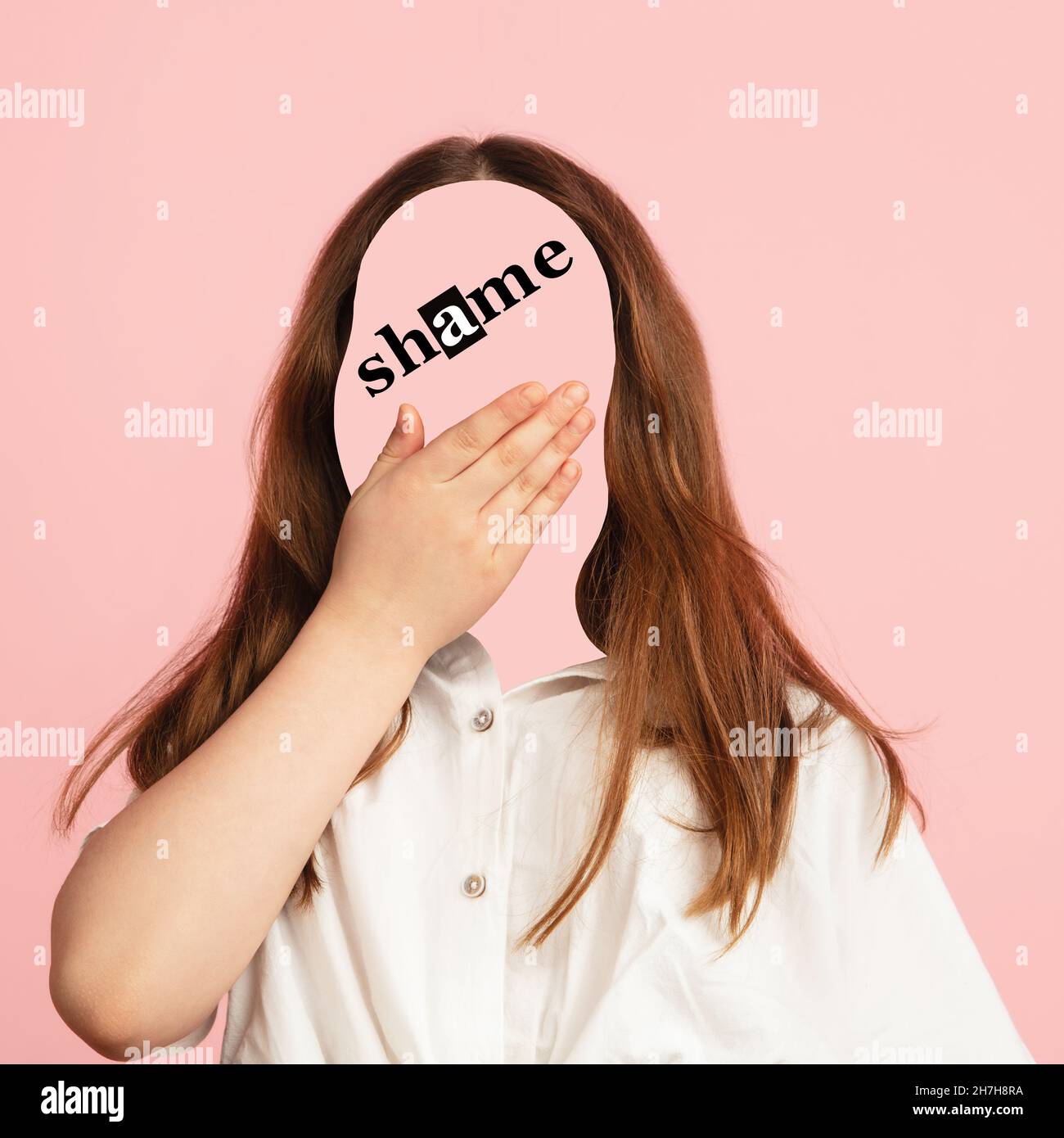 Conceptual portrait of little faceless girl with word shame instead ...