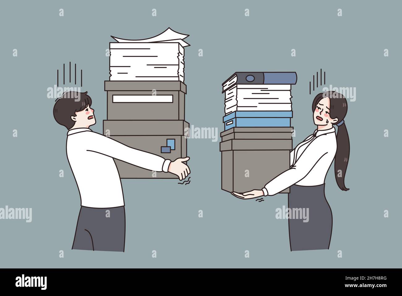 Heaps of documents in office concept. Young tired workers colleagues ...