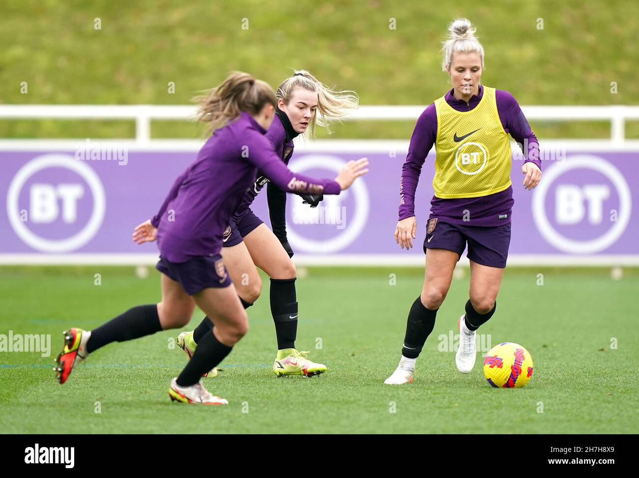 England's Georgia Stanway (left), Lauren Hemp and Rachel Daly during a ...