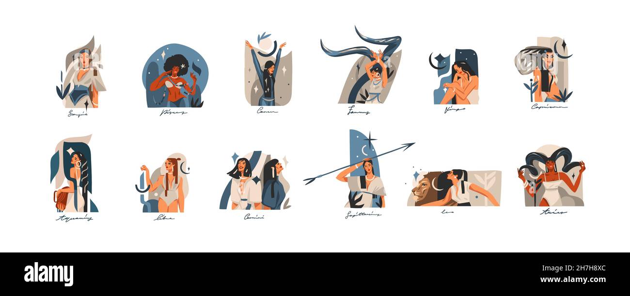 Hand drawn vector stock abstract graphic illustrations with zodiac ...