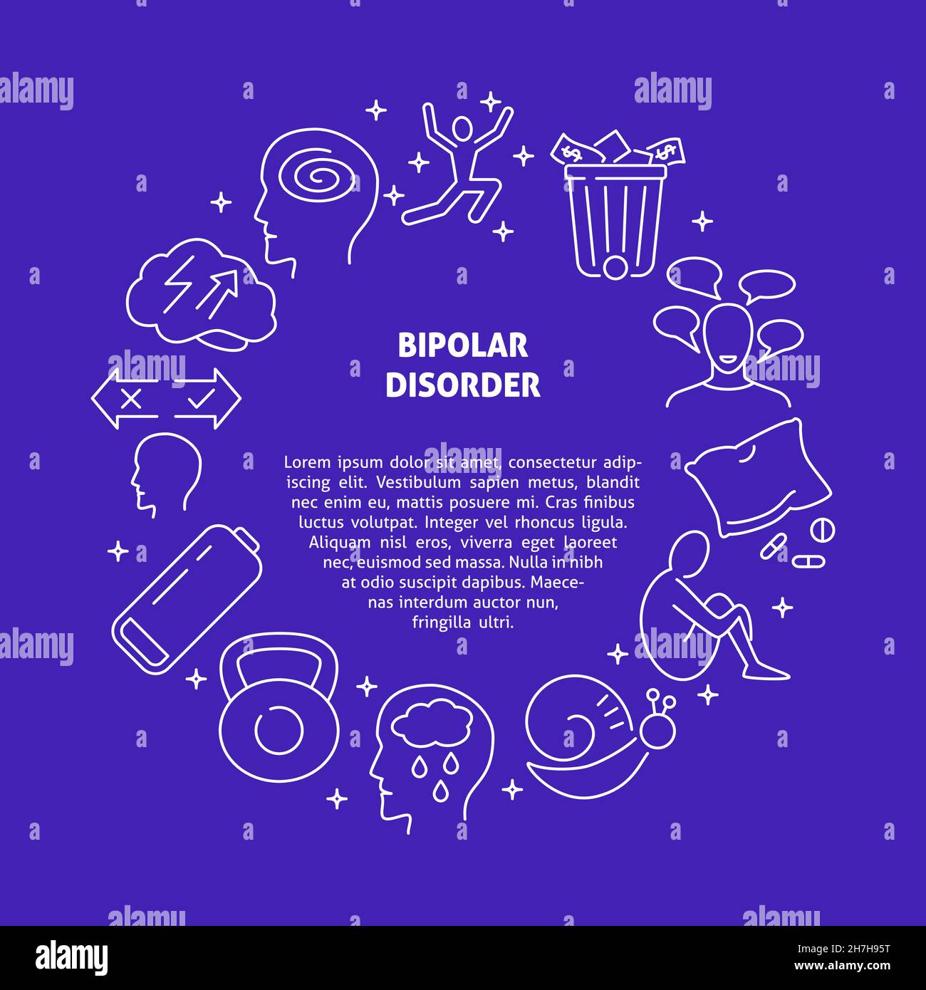 Bipolar disorder banner with round frame in line style. Mental illness ...