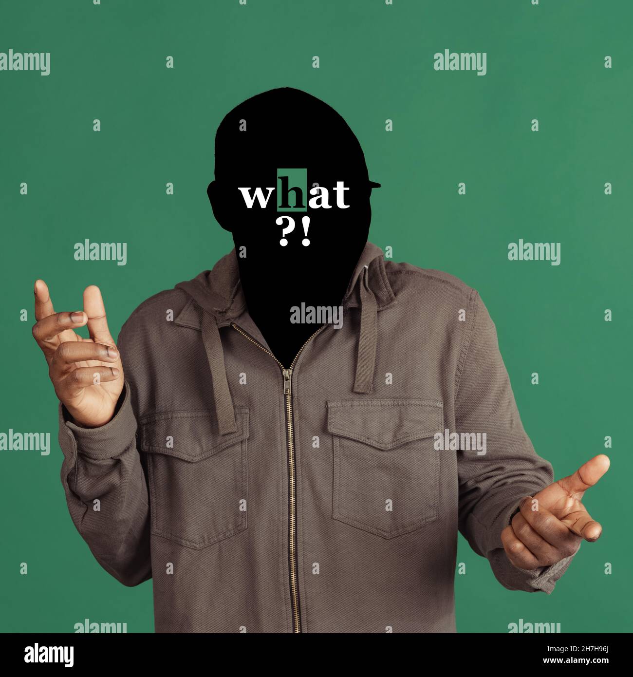 Conceptual portrait of faceless man with question word what instead ...