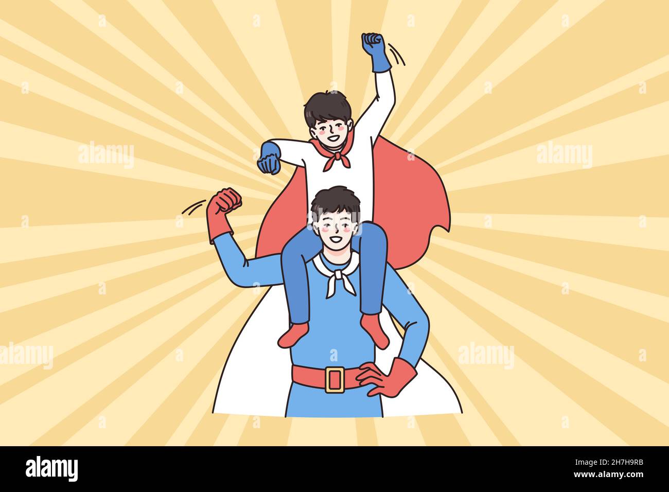 Happy childhood and fatherhood concept. Smiling man father in superhero costume standing and ...