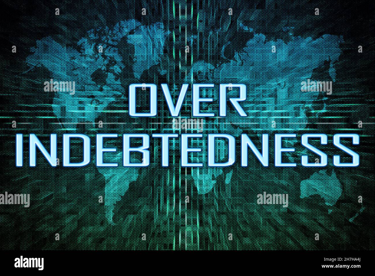Over-indebtedness - text concept on green digital world map background ...
