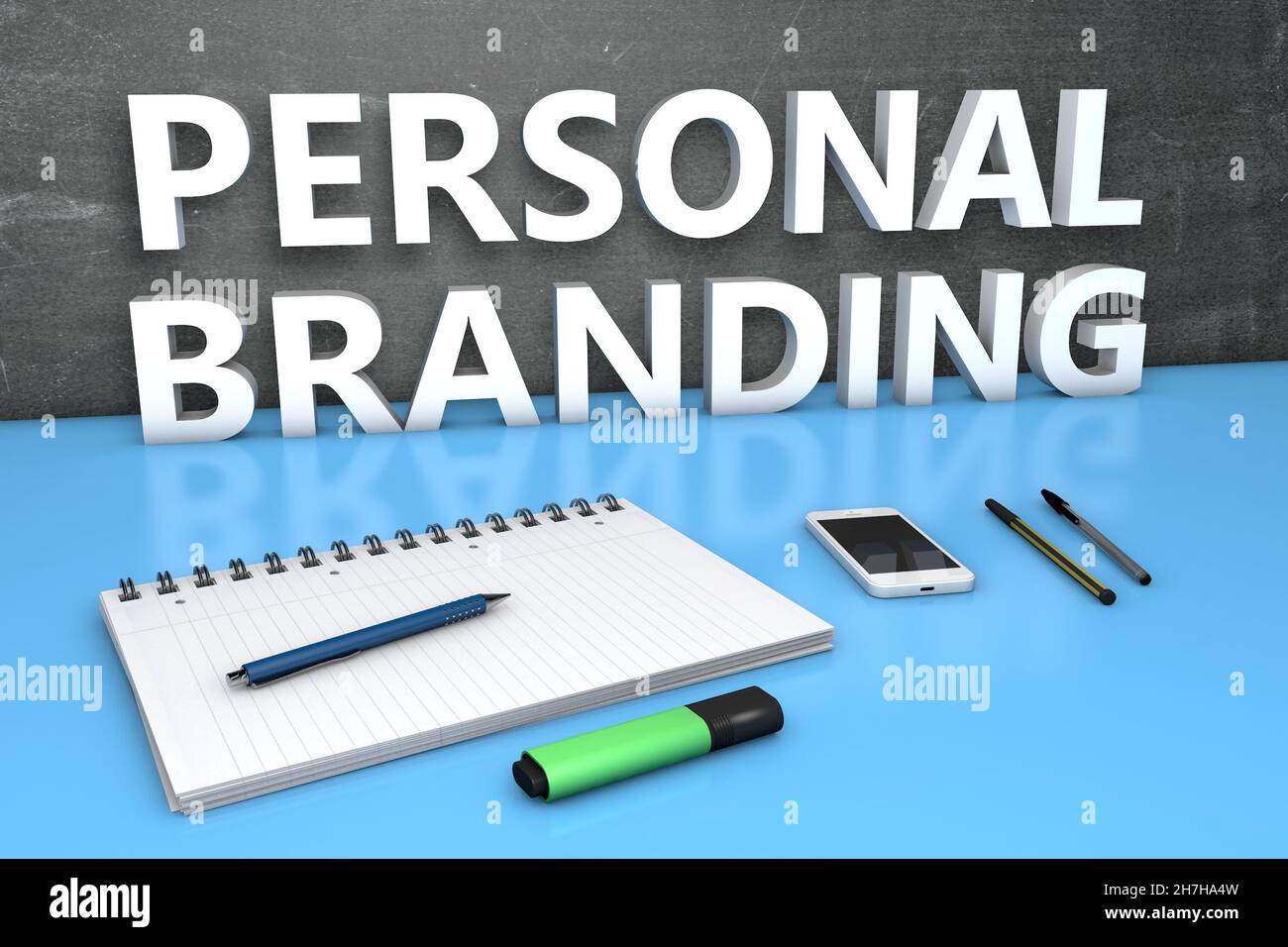 Personal Branding - text concept with chalkboard, notebook, pens and ...