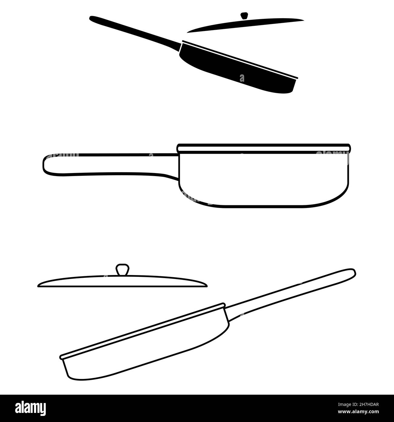Kitchen tools set of three pans line and negative outline simple ...