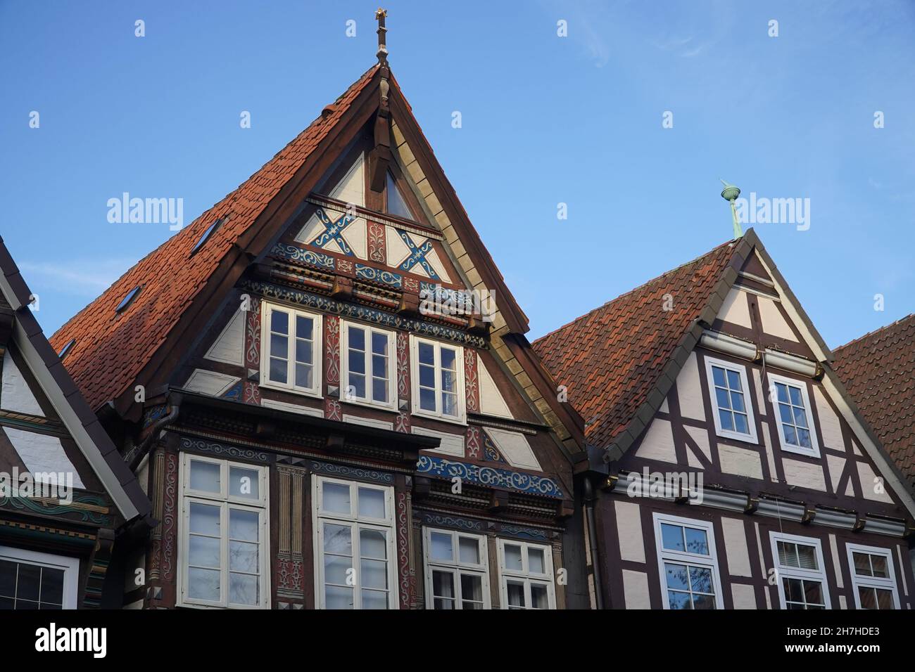 Detailed views of the gables of half timbered facades in the old town ...