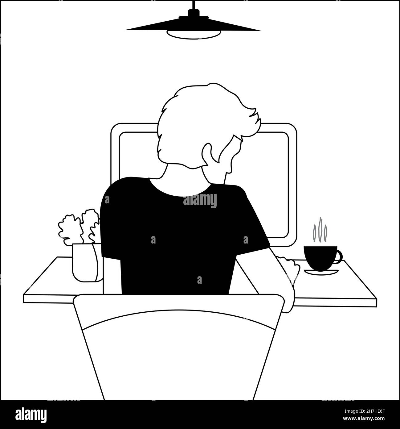 Young modern guy working on laptop at home or office. Black and white ...