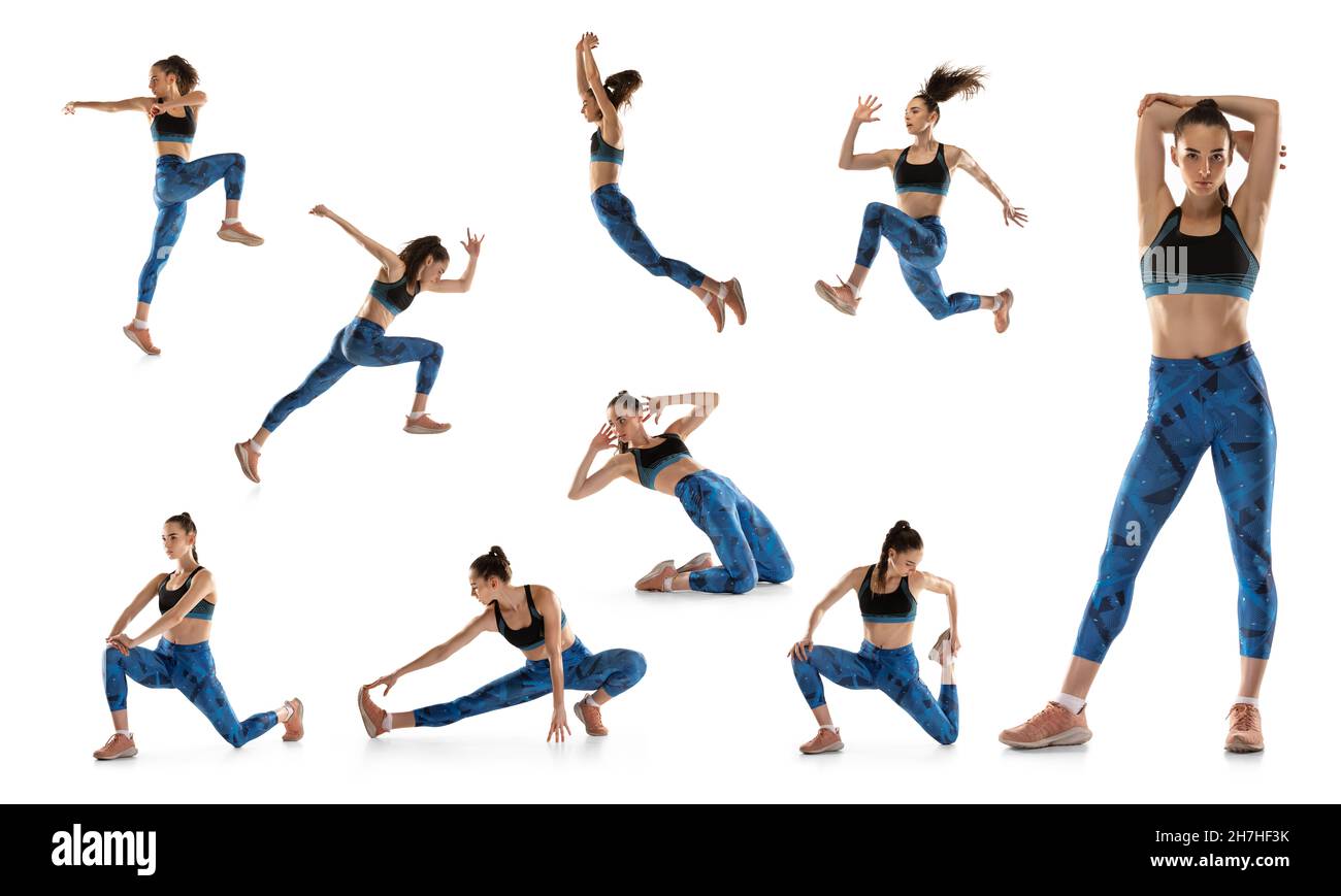 Collage of young sportive girl in blue sportswear training, doing ...