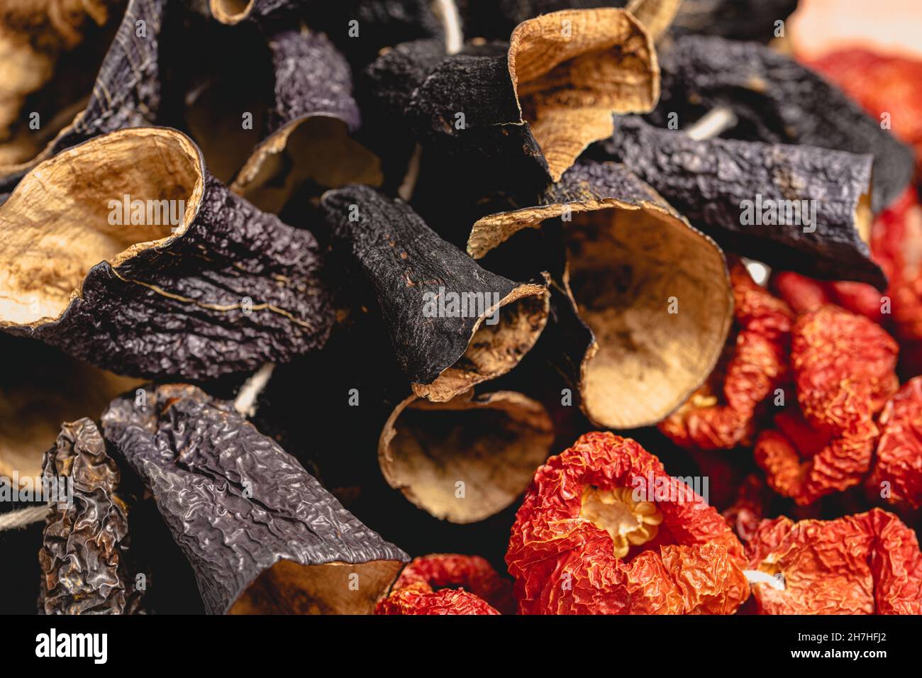 Dry eggplant and dry bell chili hanging in the market, local ingredient ...